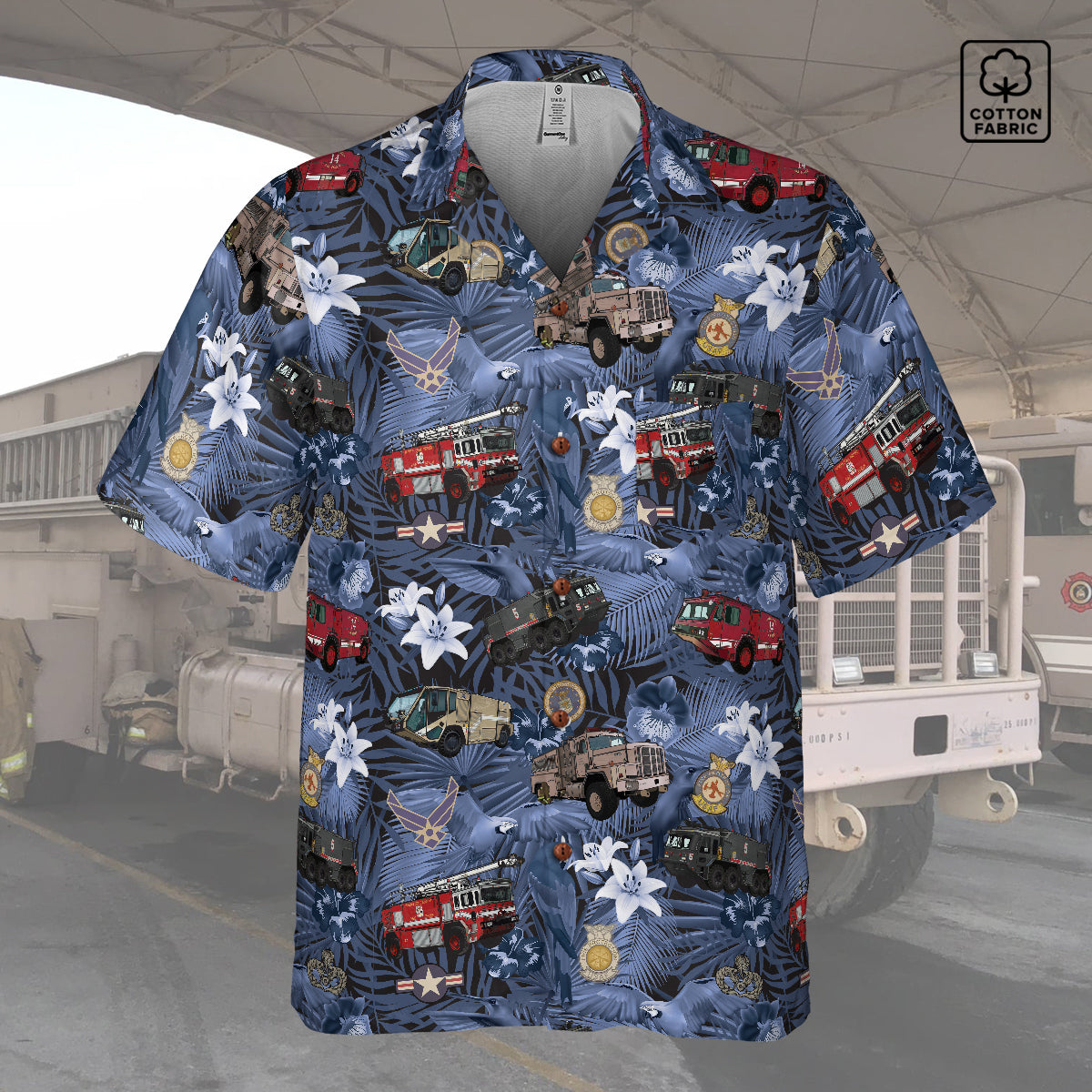 Hawaiian Shirt - "The Goodfellow Era ARFF Trucks" - Blue 100% Cotton ...