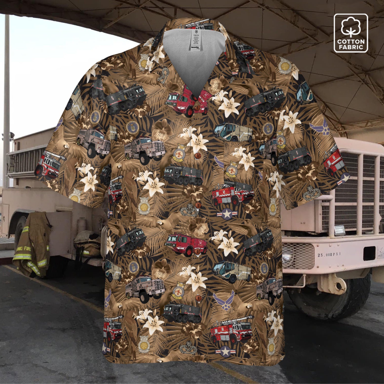 Hawaiian Shirt - "The Goodfellow Era ARFF Trucks" - Bronze 100% Cotton ...