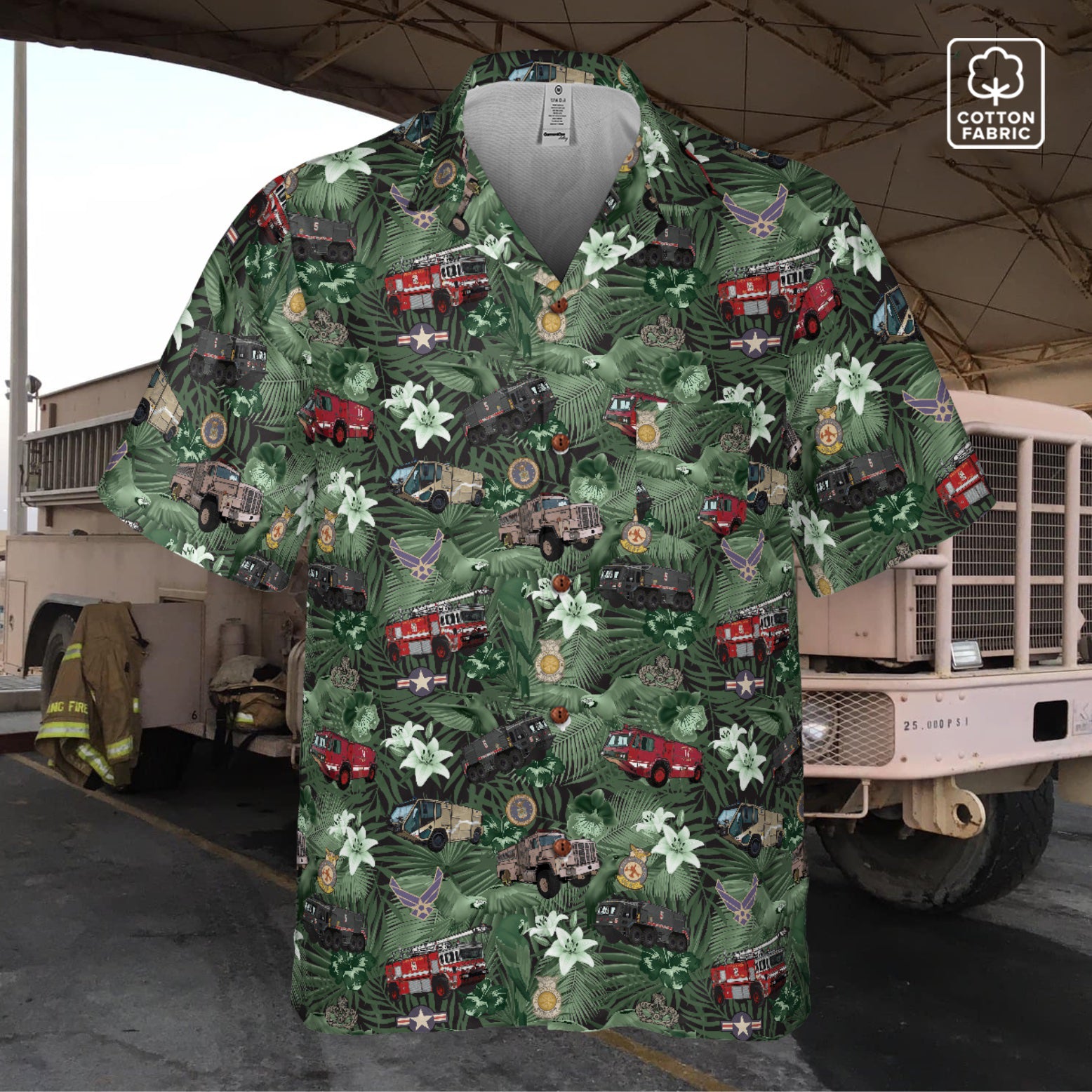 Hawaiian Shirt - "The Goodfellow Era ARFF Trucks" - Green100% Cotton ...
